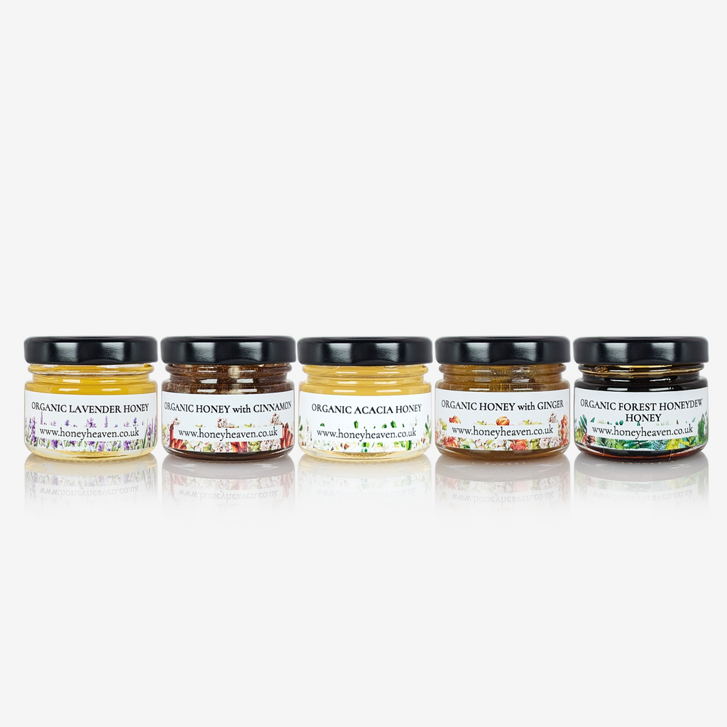 Organic Honey Gift Set Of 5 40g Mini Jars With Wooden Drizzler
