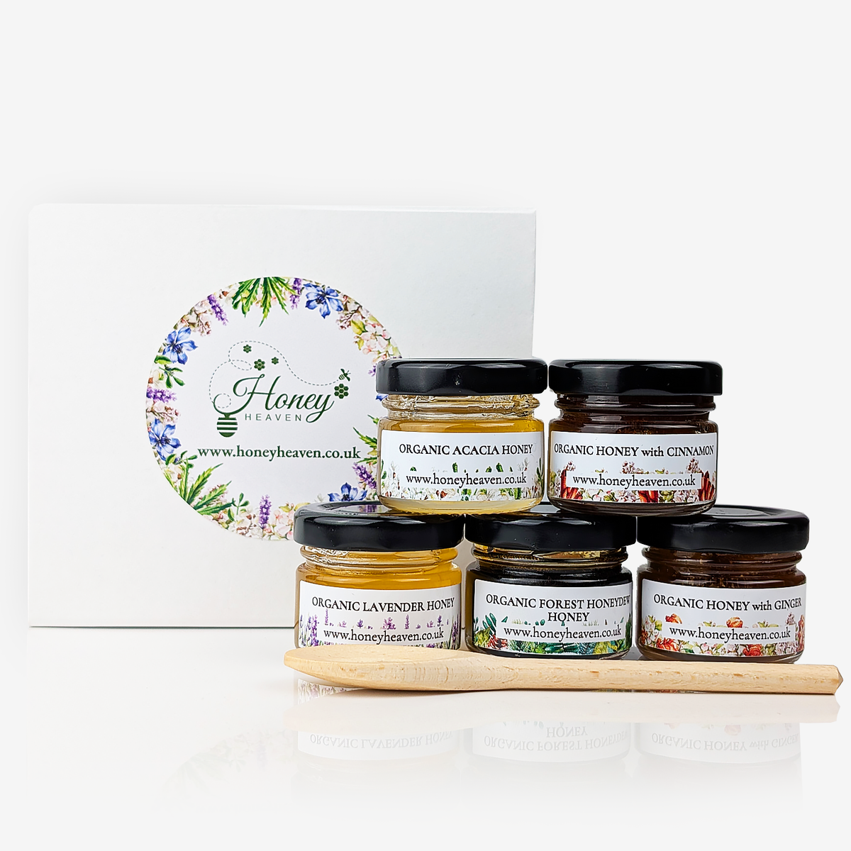 Organic Honey Gift Set Of 5 40g Mini Jars With Wooden Drizzler