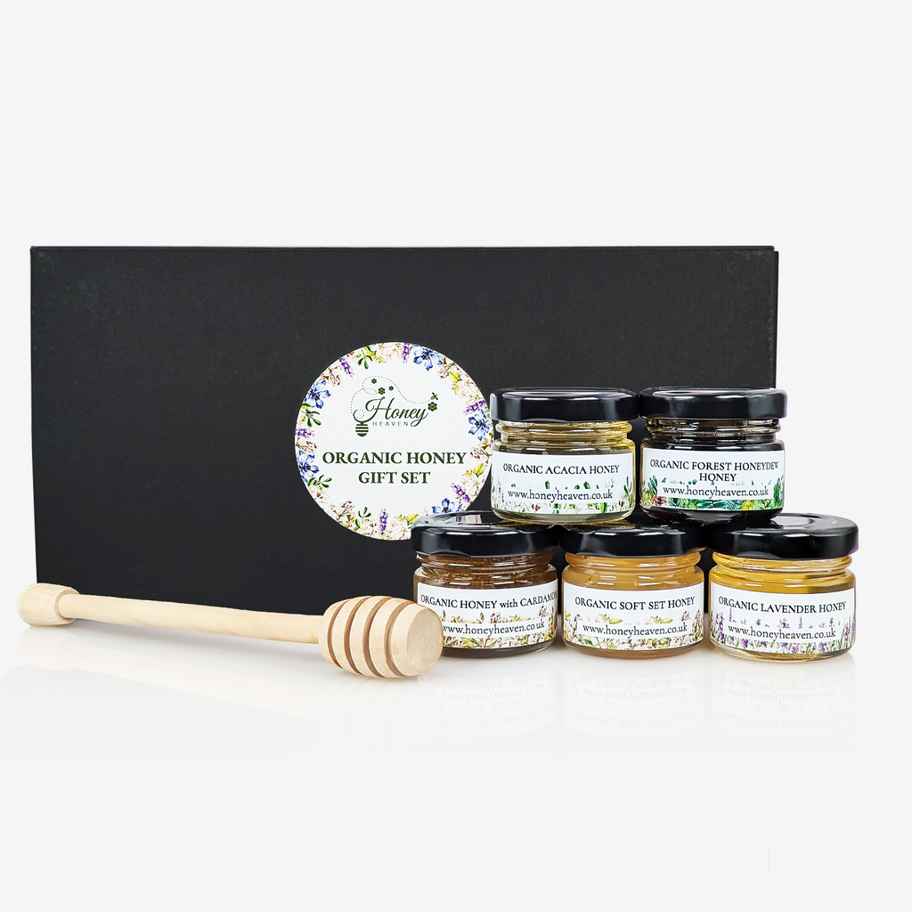 Organic Honey Gift Set Of 5 40g Mini Jars With Wooden Drizzler