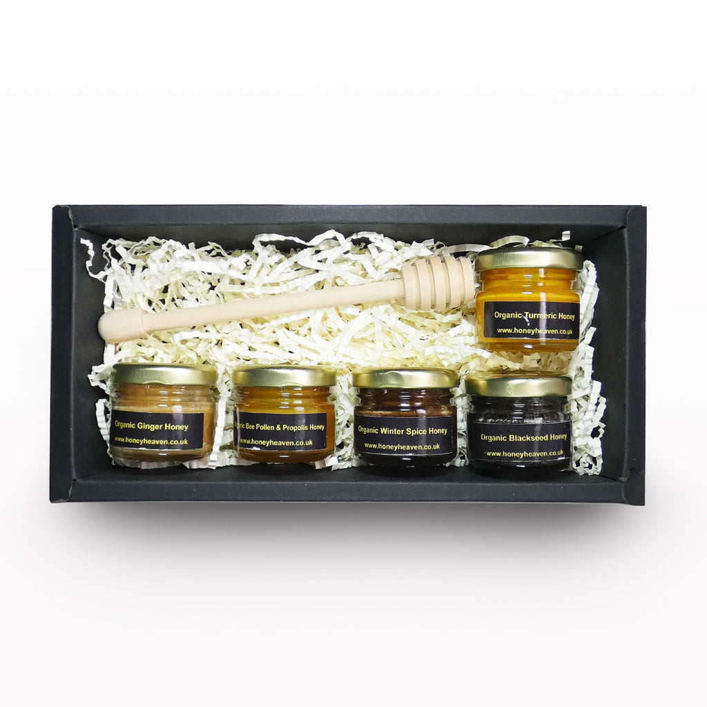 Organic Honey Gift Set Of 5 40g Mini Jars With Wooden Drizzler