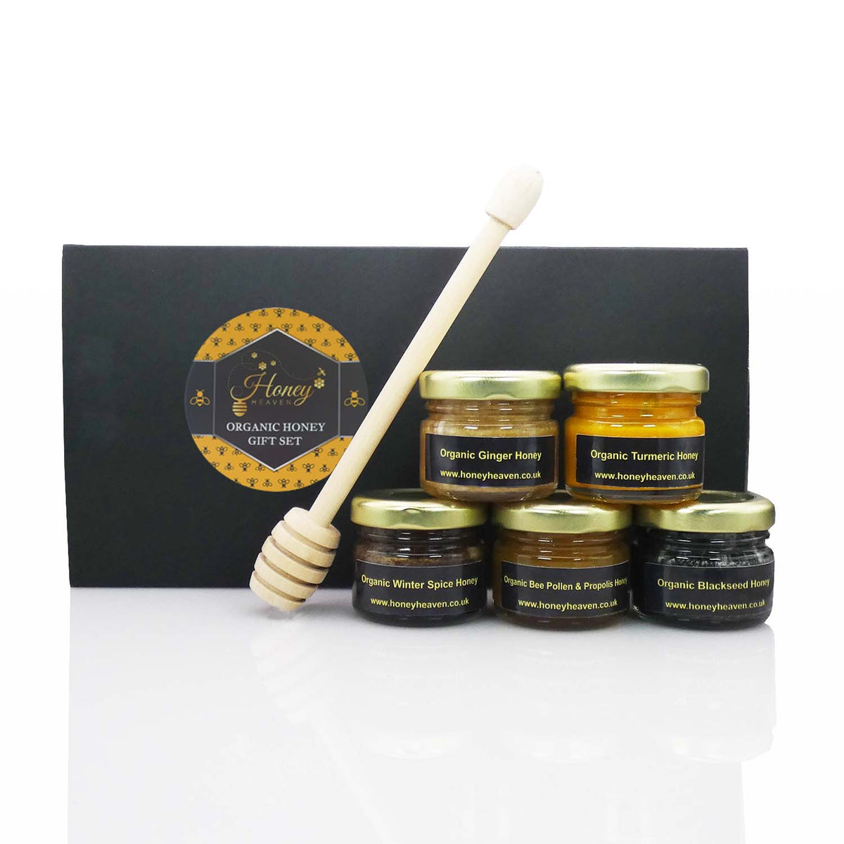 Organic Honey Gift Set Of 5 40g Mini Jars With Wooden Drizzler